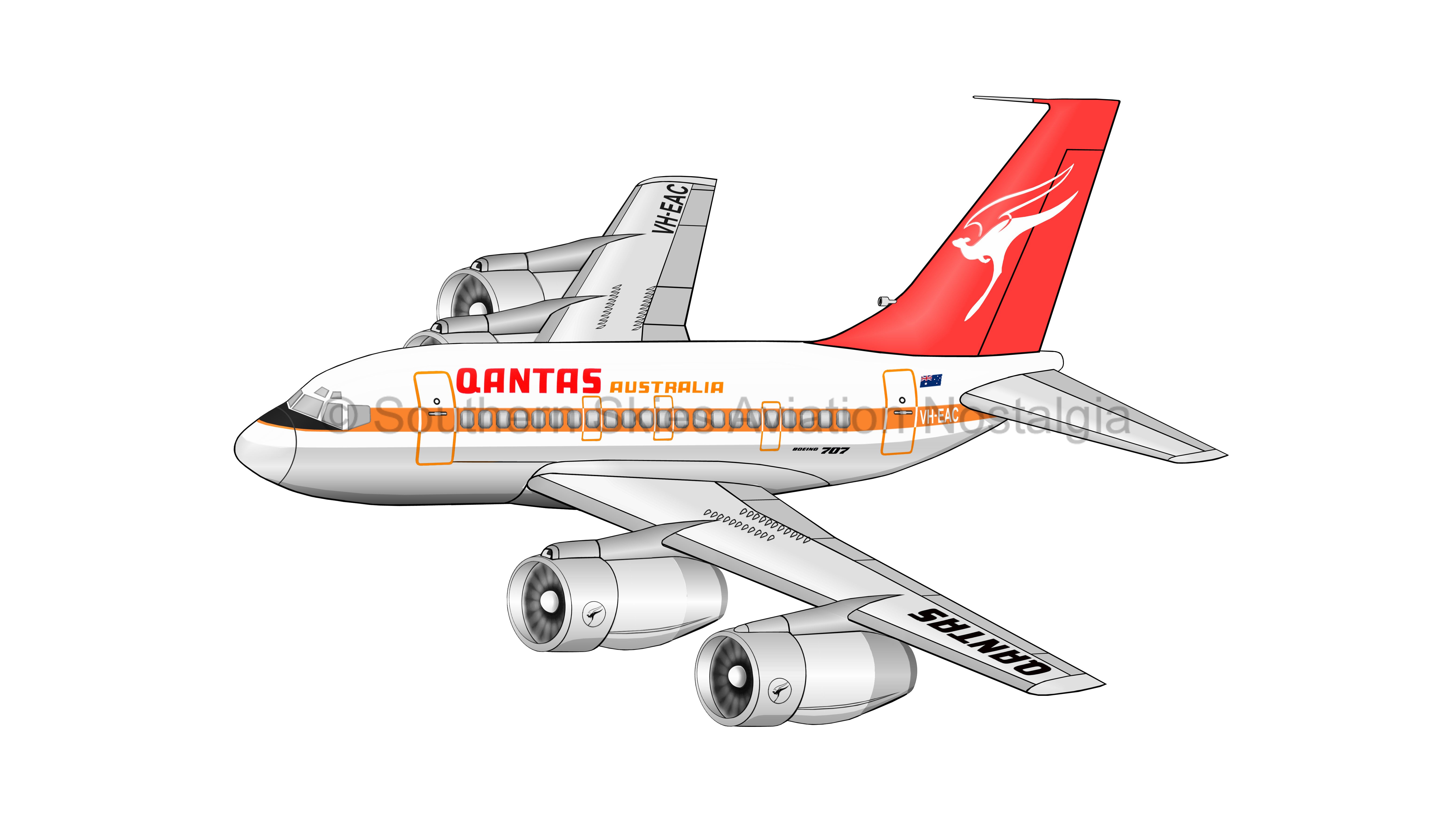 Qantas Boeing 707 VH-EAC 1970s Ochre livery 14cm caricature sticker ...